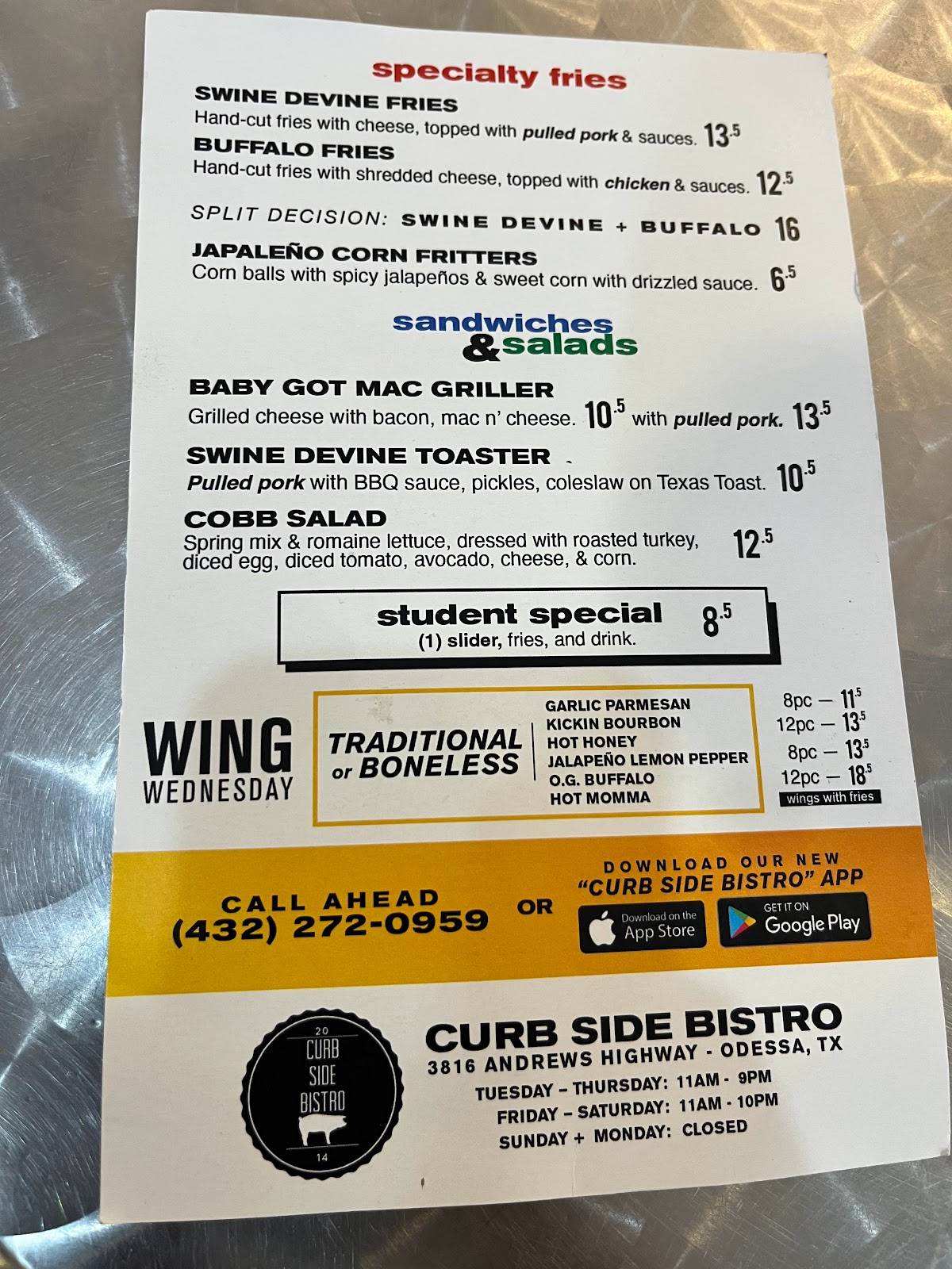 Menu at Curb Side Bistro restaurant, Odessa, Andrews Hwy