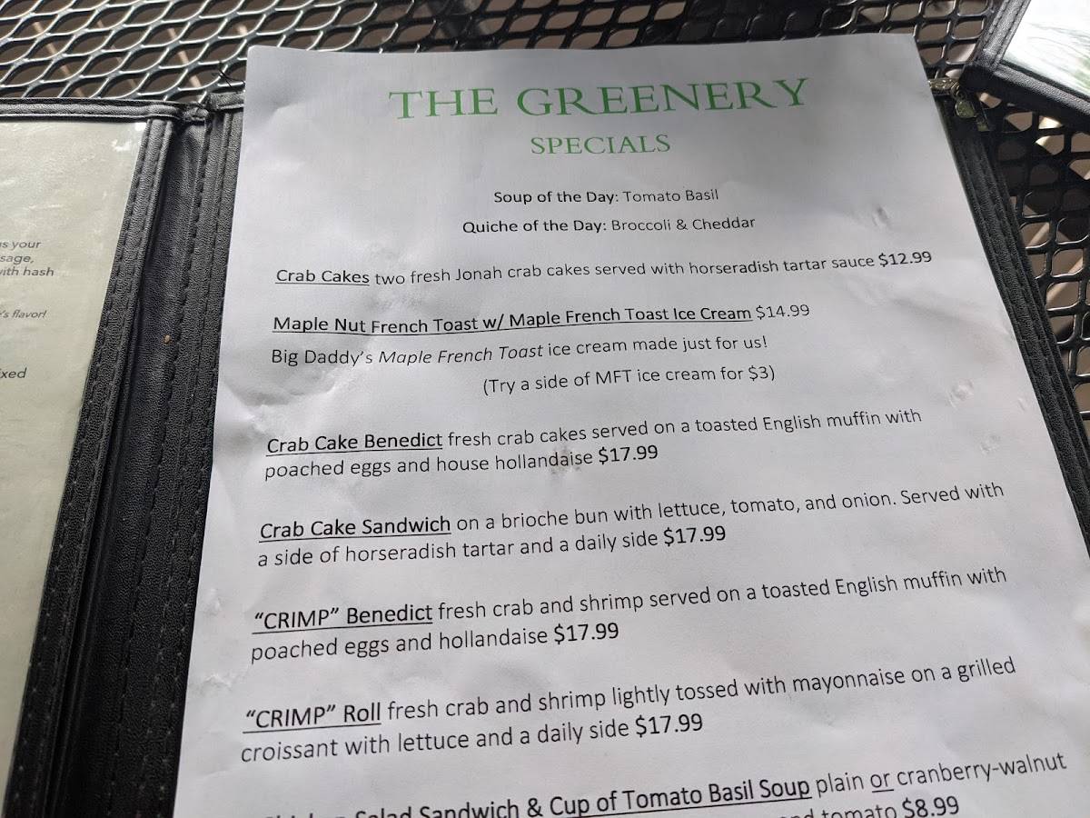Menu at The Greenery Cafe, Ogunquit