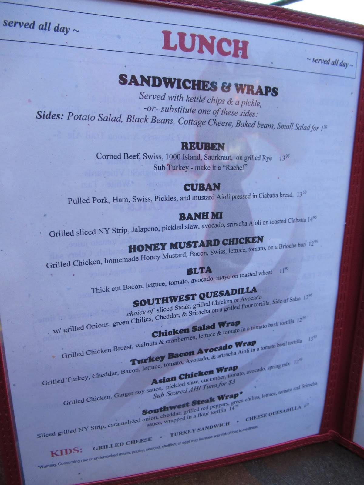 Menu at Old Town Red Rooster Cafe, Cottonwood