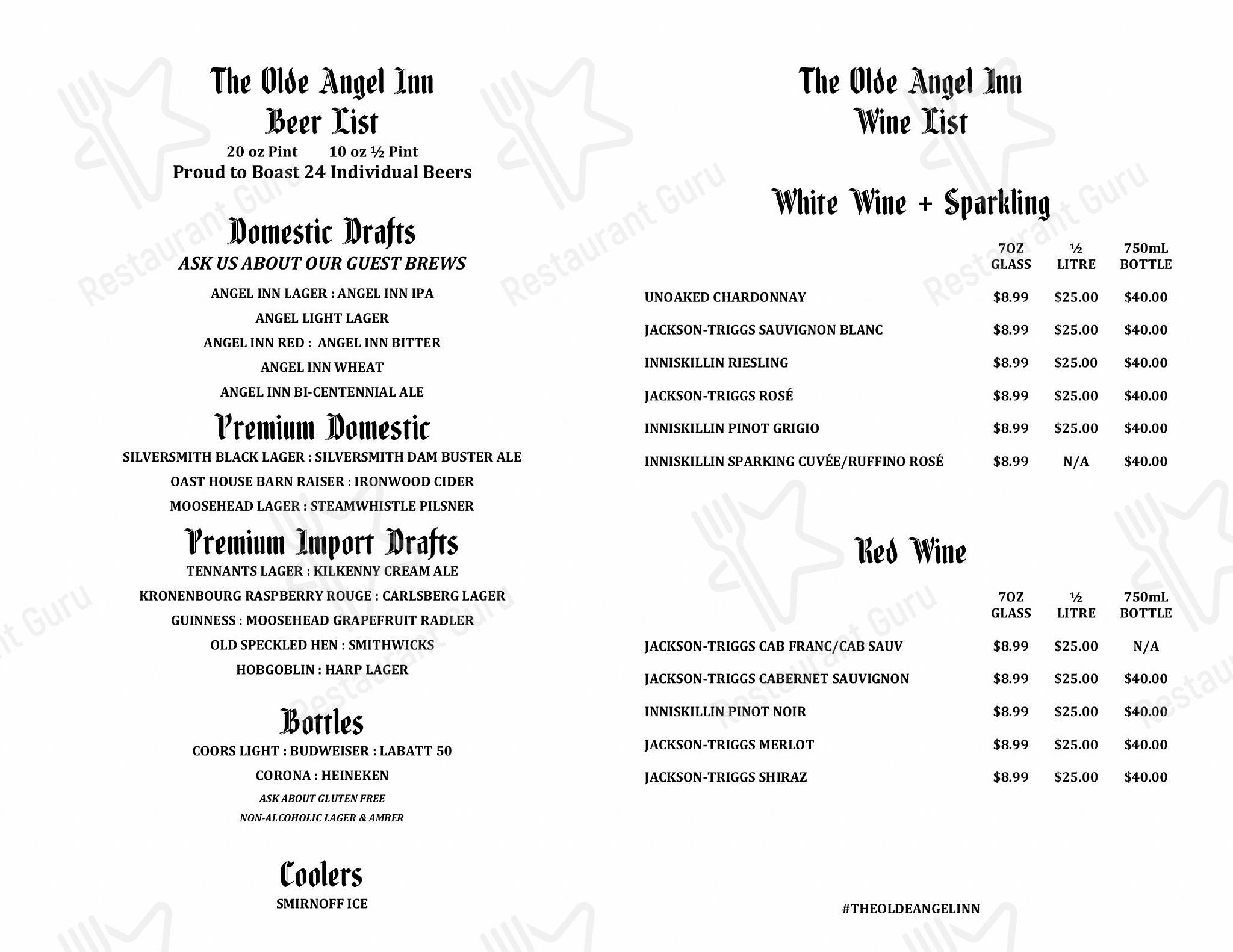 Menu at Olde Angel Inn pub & bar, Niagara-on-the-Lake