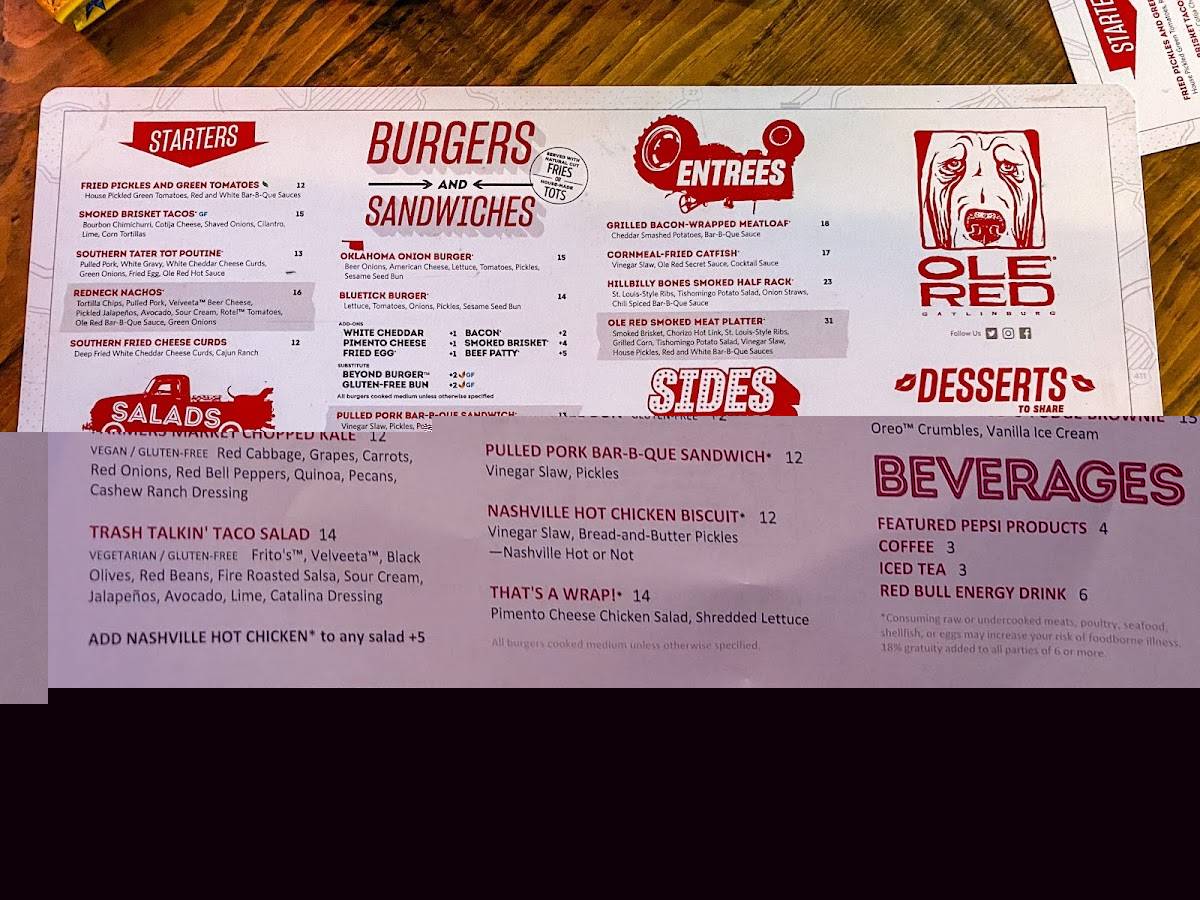 Menu at Ole Red pub & bar, Gatlinburg
