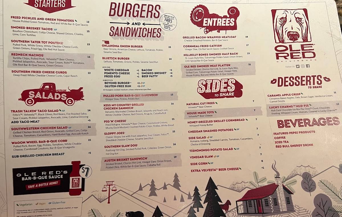 Menu at Ole Red pub & bar, Gatlinburg