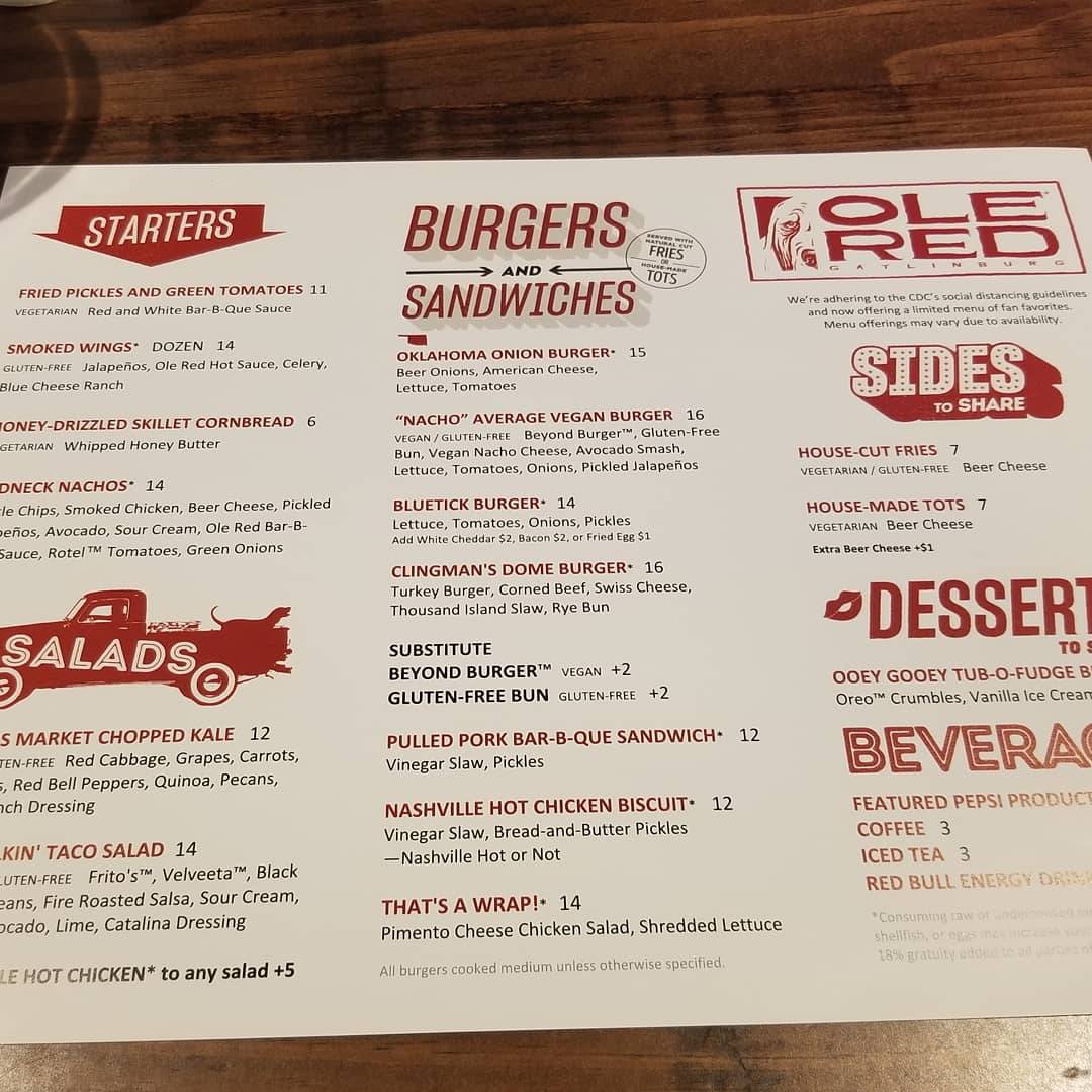 Menu at Ole Red pub & bar, Gatlinburg