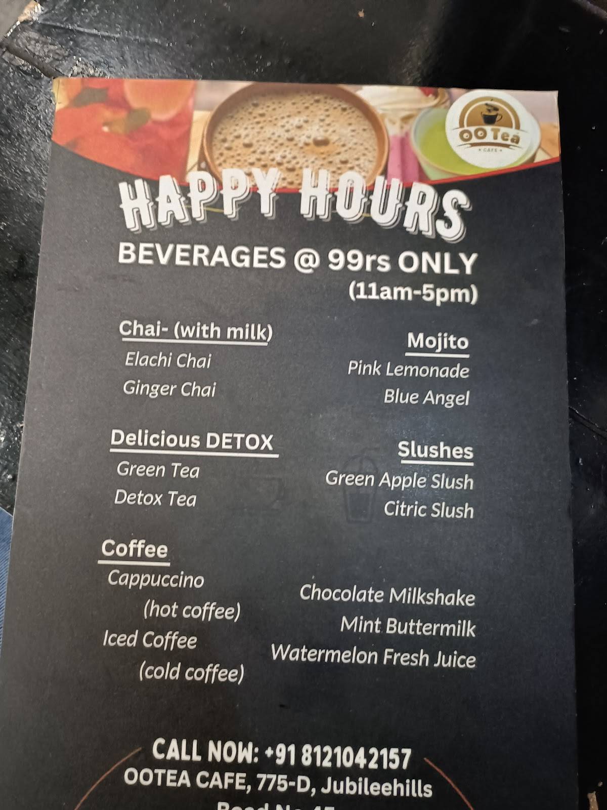 Menu at Ootea Cafe, Hyderabad