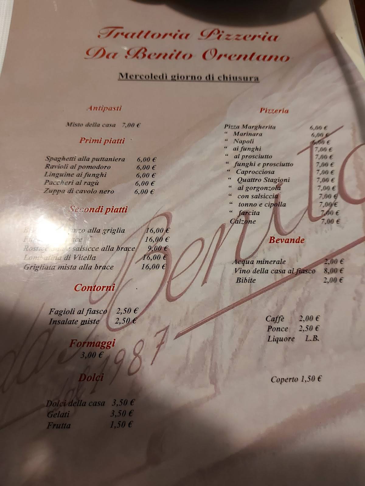 Menu at Da Benito BBQ, Orentano