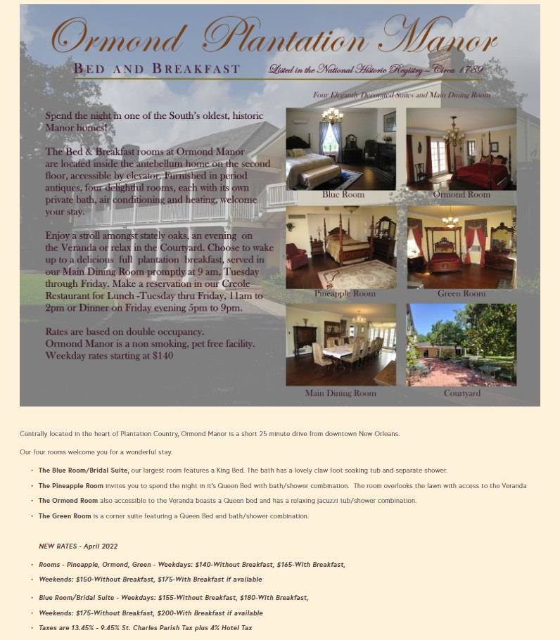 Menu at Ormond Manor restaurant, Destrehan