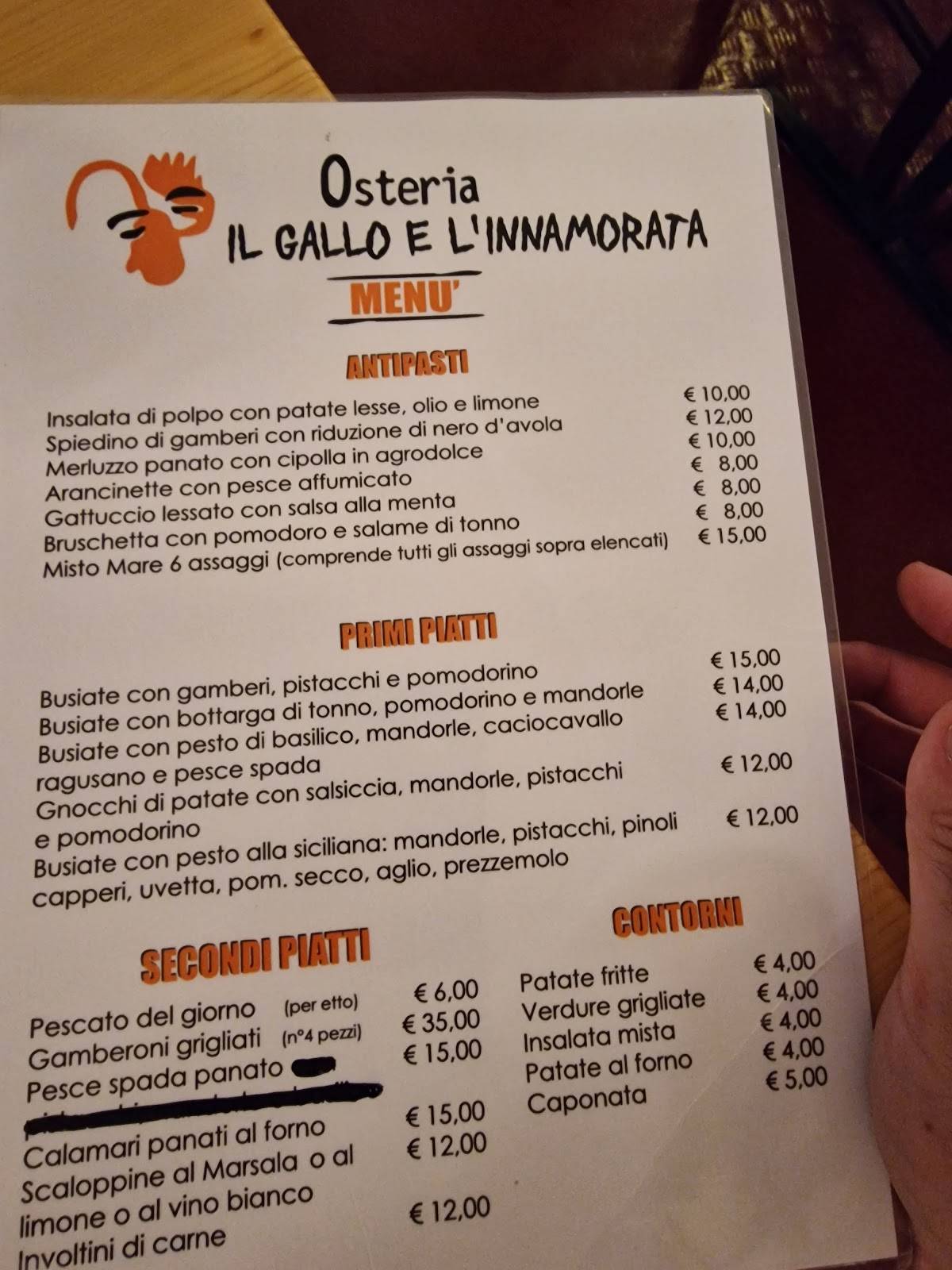 Menu at Osteria Il Gallo e L'innamorata restaurant, Marsala