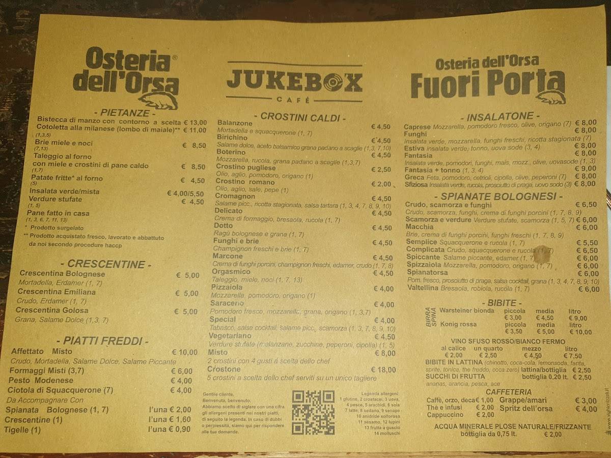 Menu at Osteria dell'Orsa restaurant, Bologna