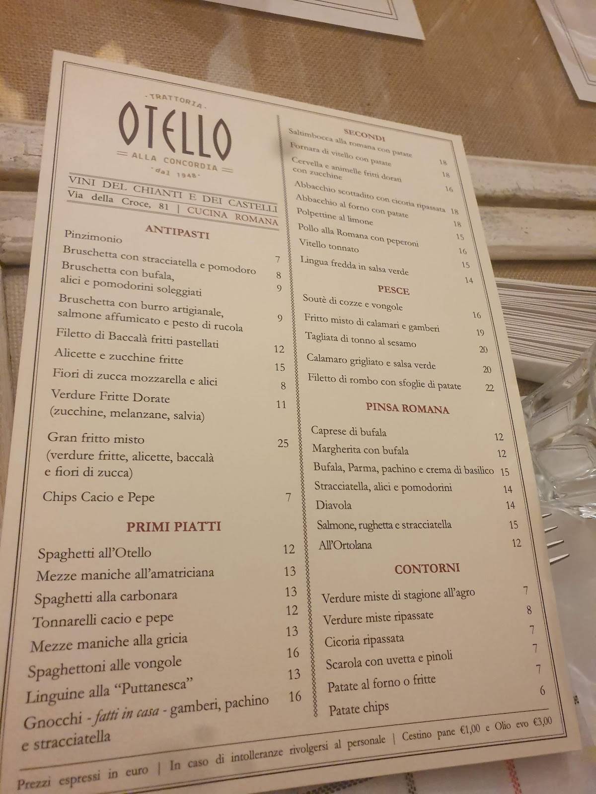 Menu at Otello alla Concordia restaurant, Rome