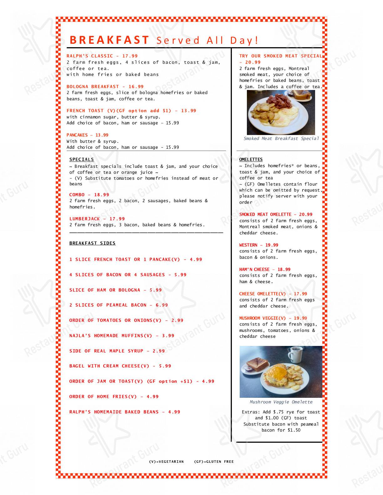 Menu at Ralph & Sons Diner restaurant, Ottawa