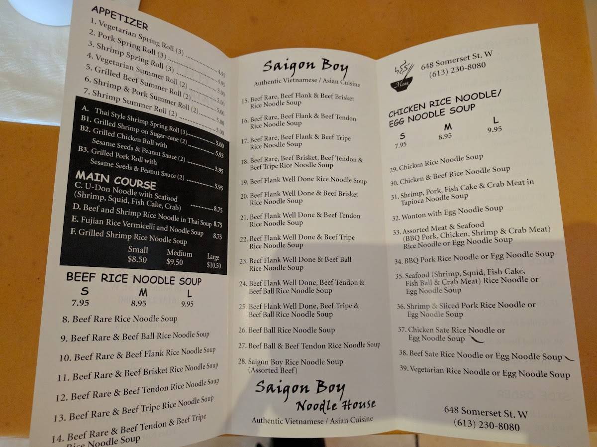 Menu at Saigon Boy Noodle House restaurant, Ottawa