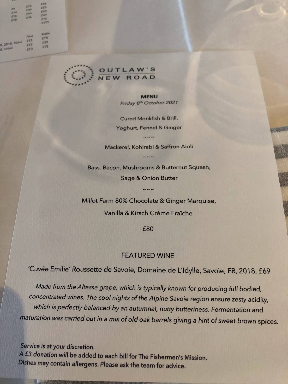 Menu at Outlaw's New Road restaurant, Port Isaac