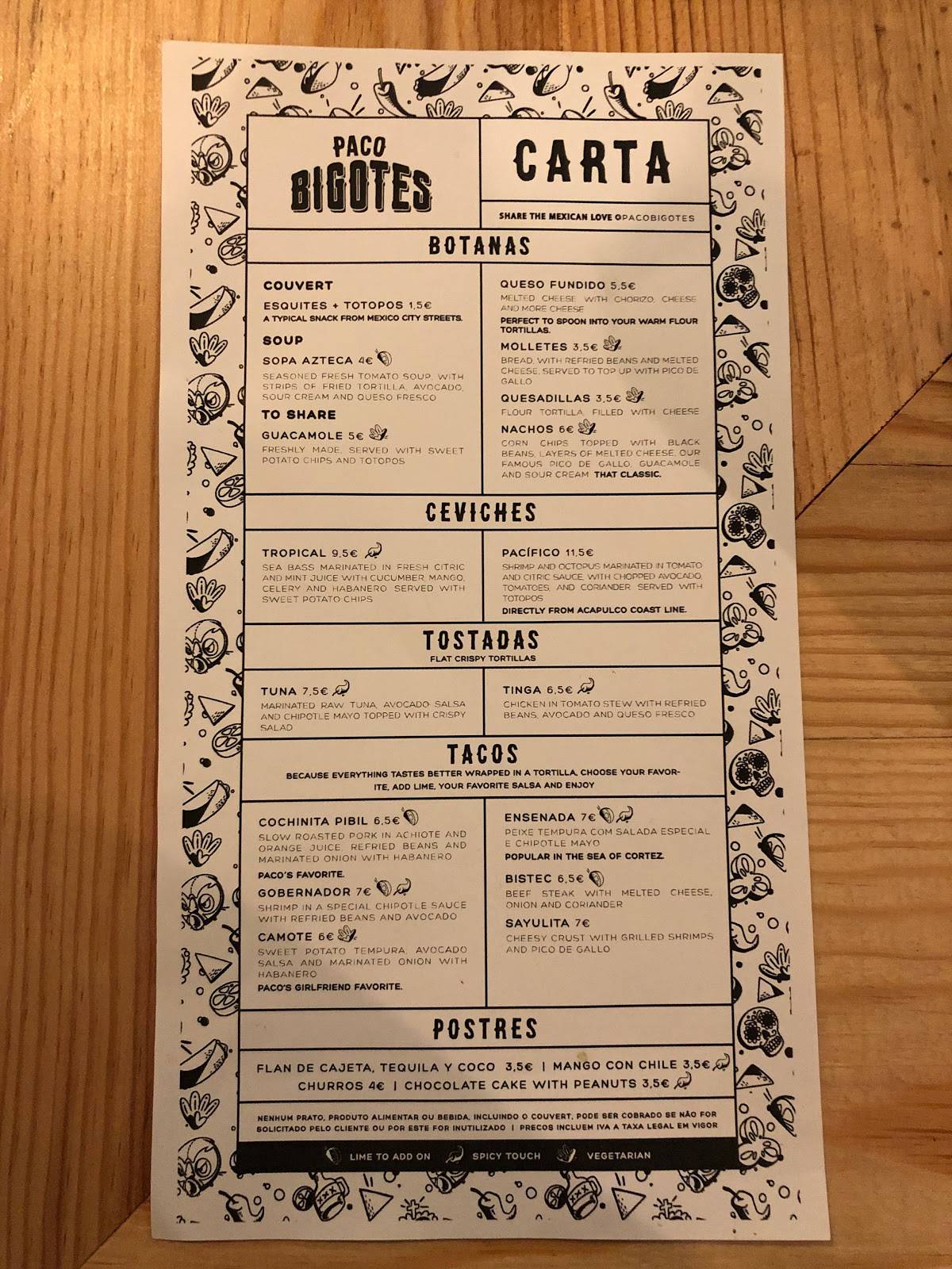 Menu at Paco Bigotes restaurant, Estoril