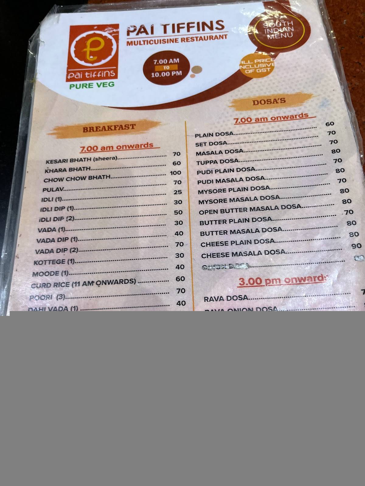 Menu at Pai Tiffins Manipal, Manipal