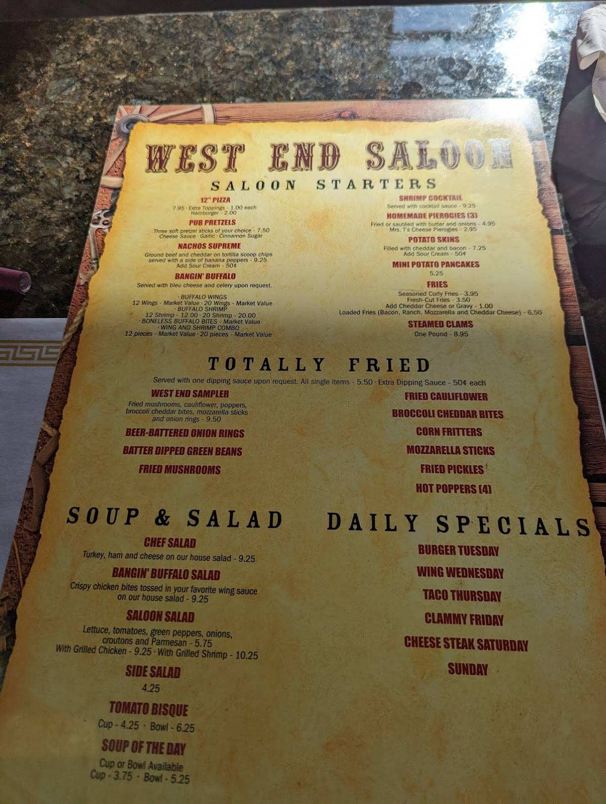 Menu at West End Saloon pub & bar, Palmerton