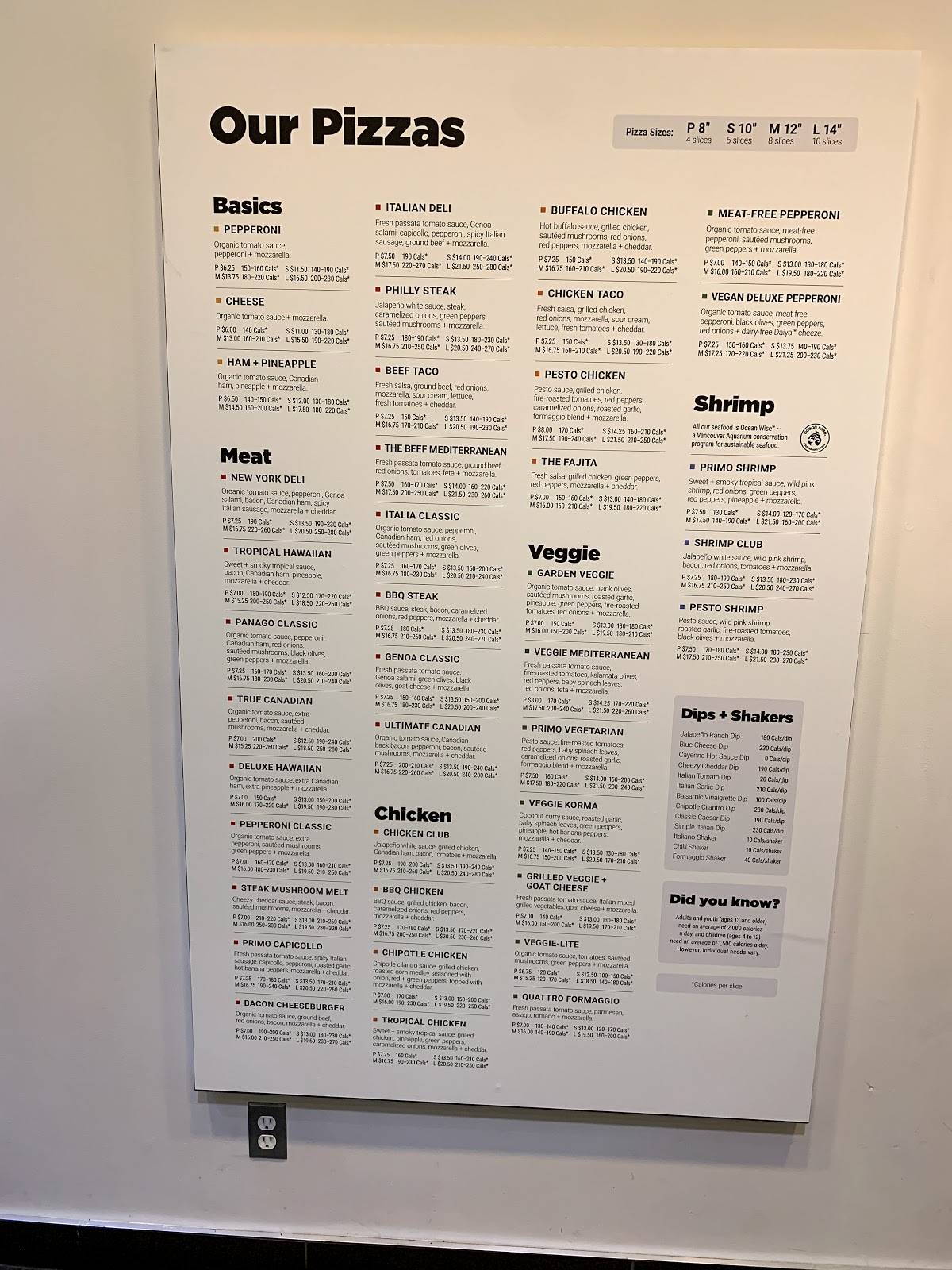 Menu au Panago Pizza pizzeria, Waterloo