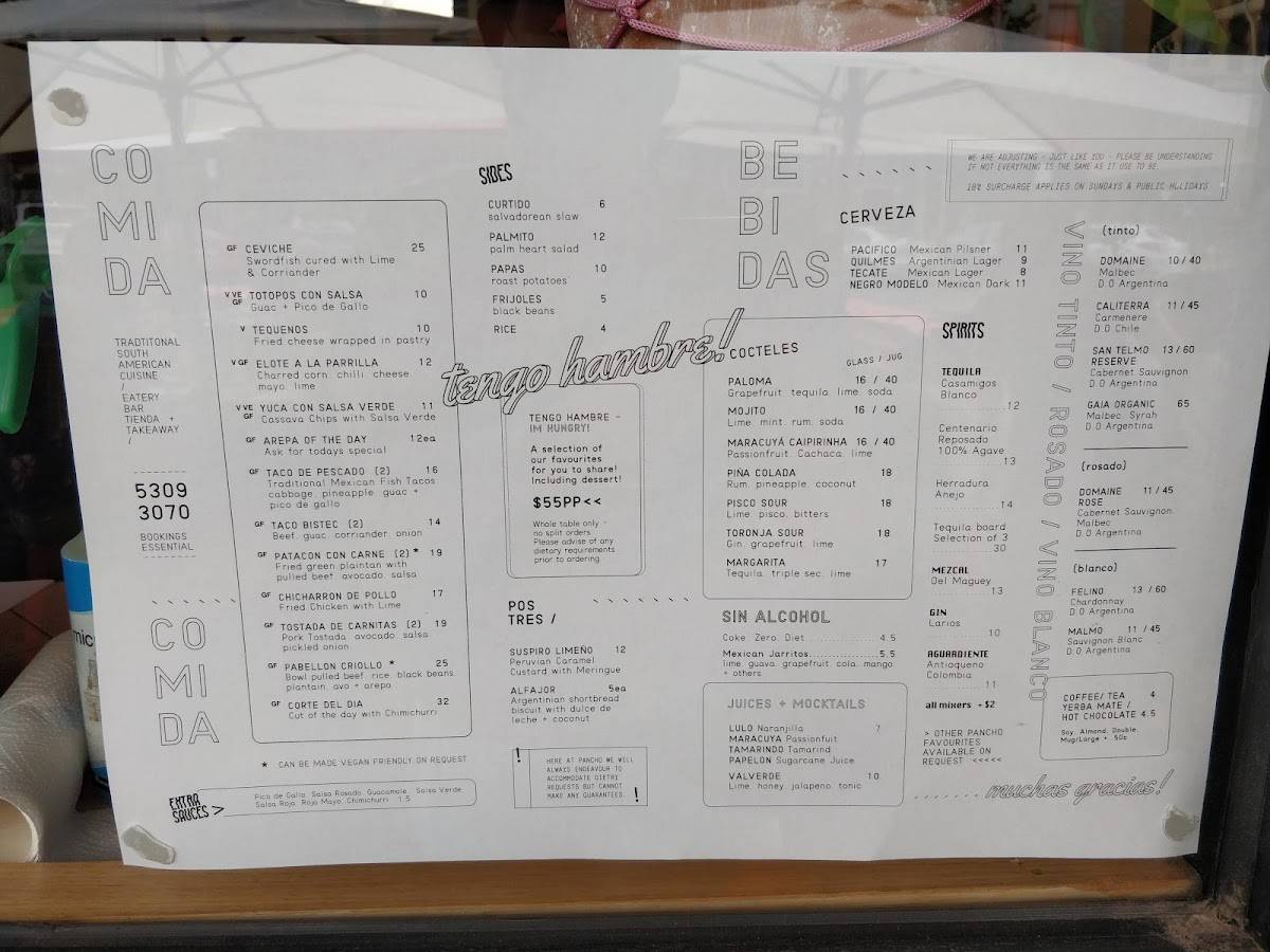 Menu at Pancho restaurant, Ballarat Central