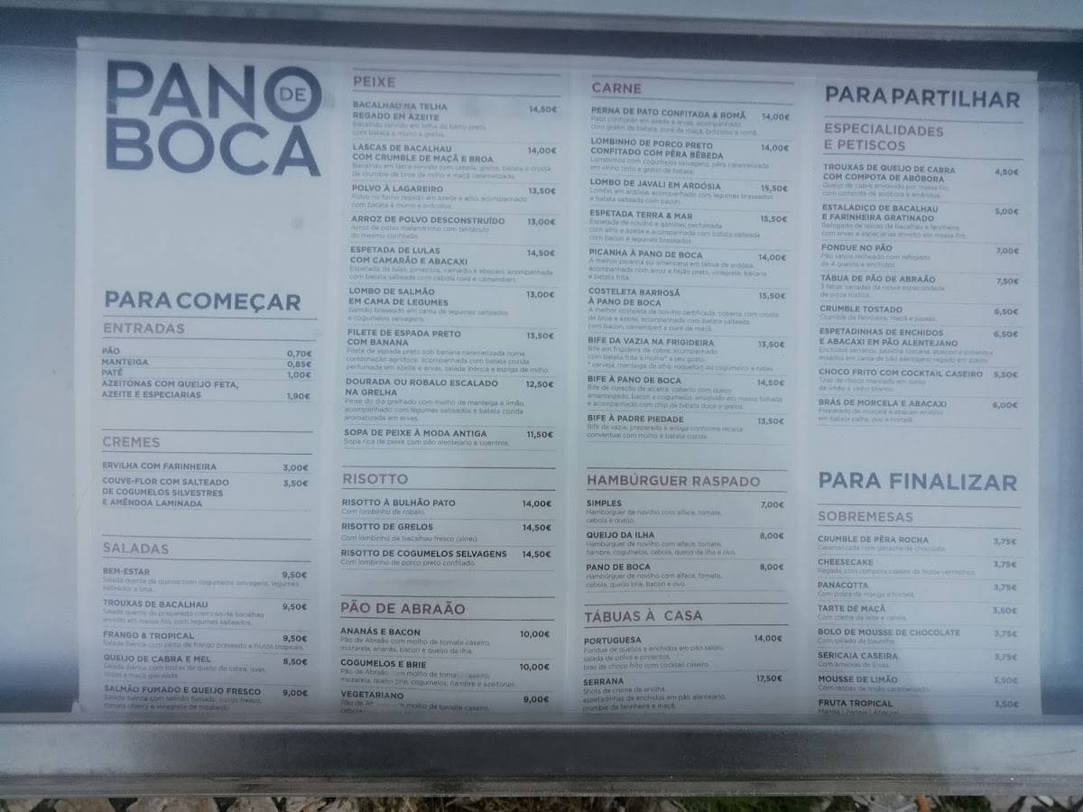 Menu at Pano de Boca restaurant, Lisbon