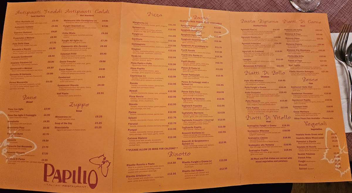 Menu at Papilio restaurant, Edinburgh