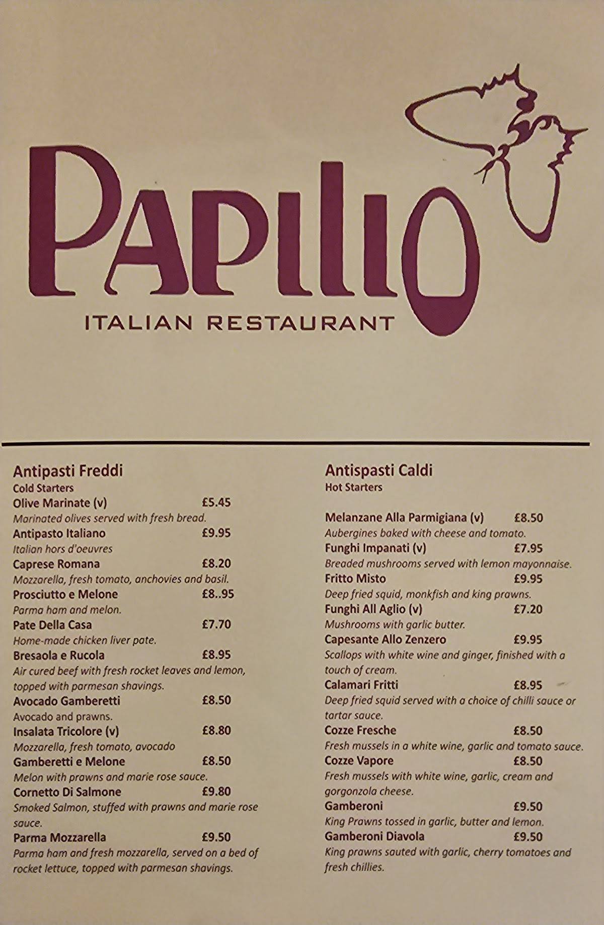 Menu at Papilio restaurant, Edinburgh