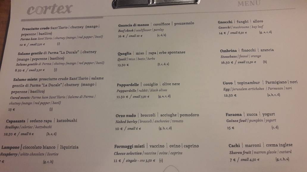 Menu da cortex bistrot ristorante, Parma