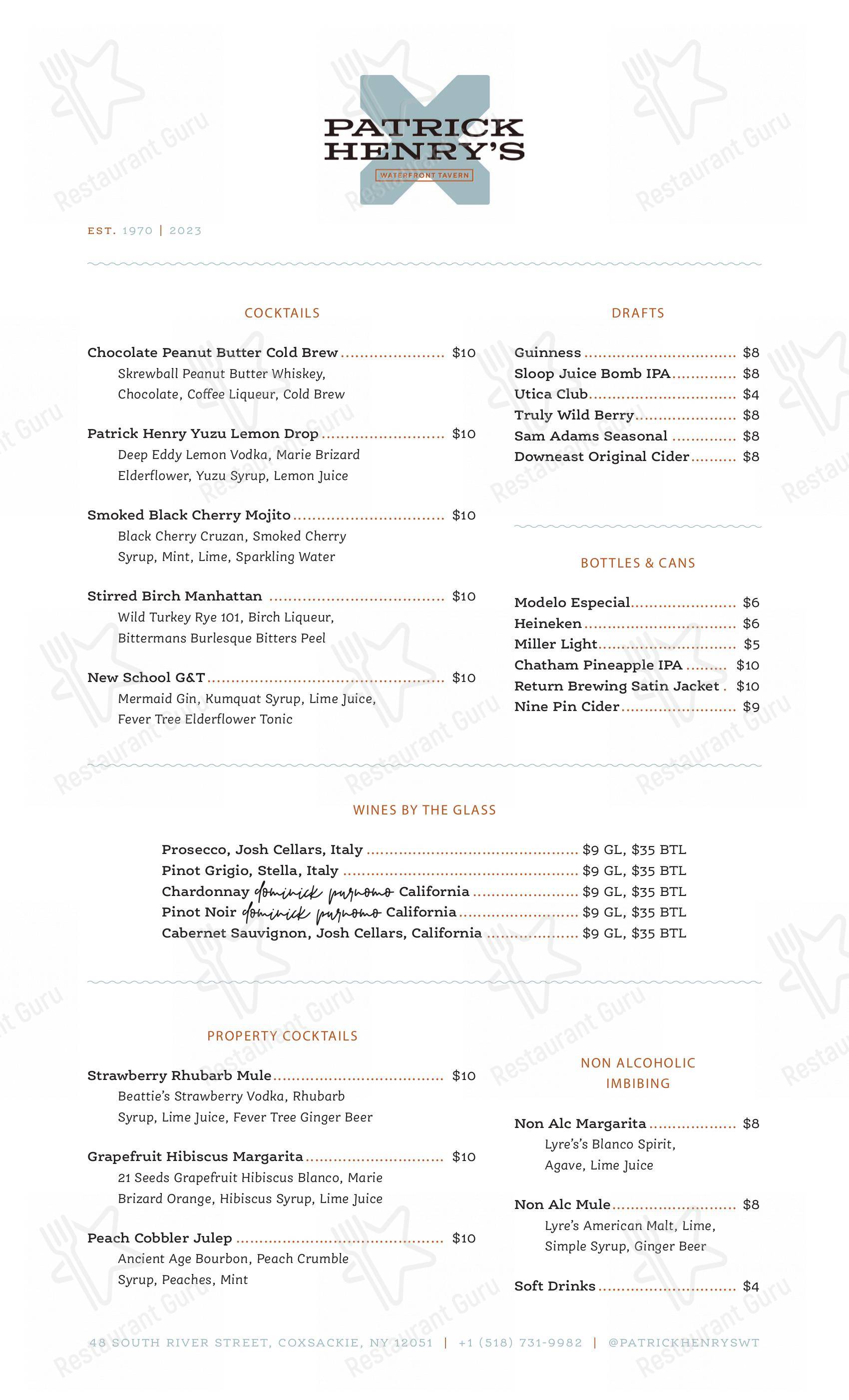 Menu at Patrick Henry's Waterfront Tavern restaurant, Coxsackie