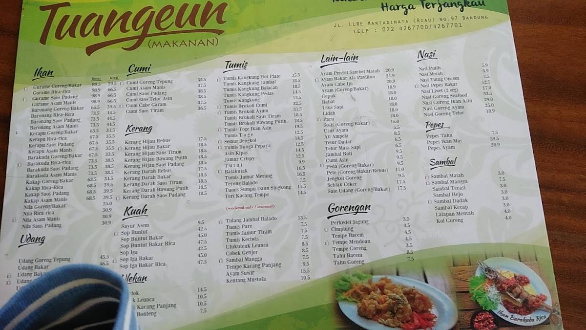 Menu at Paviliun Sunda restaurant, Bandung
