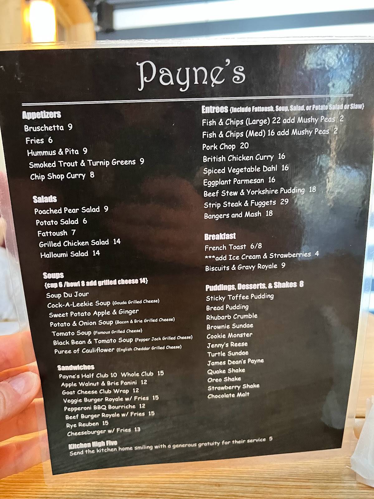 Menu at Payne's Restaurant, Gas City