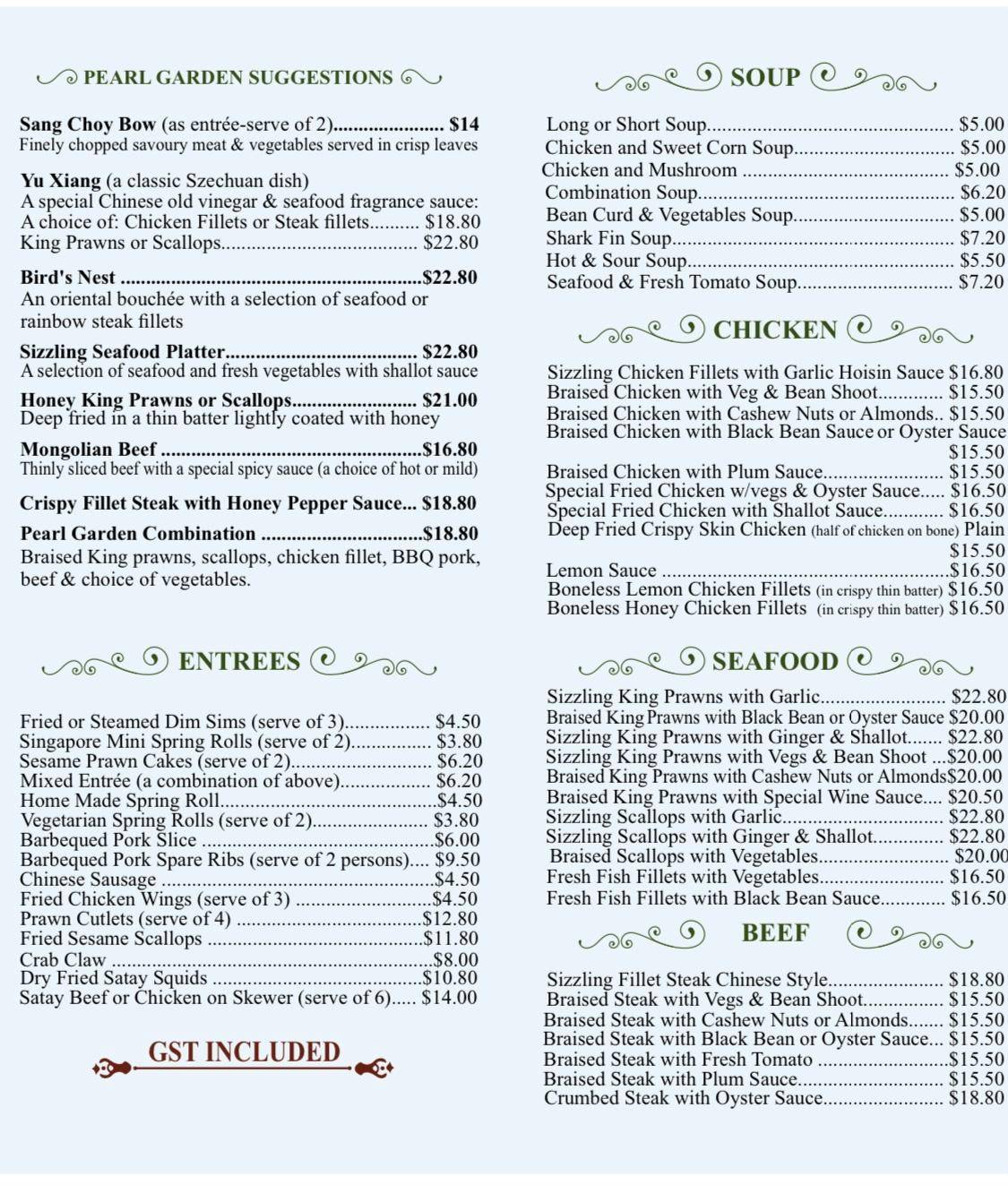 Menu at Pearl Garden Restaurant, Upwey