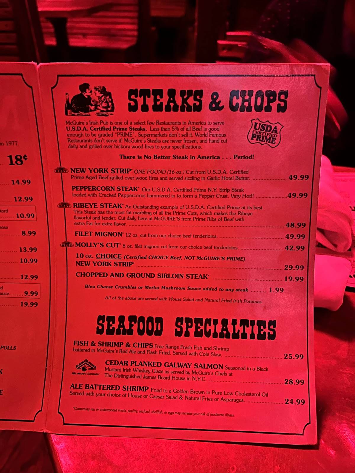 Menu at McGuire's Irish Pub, Pensacola
