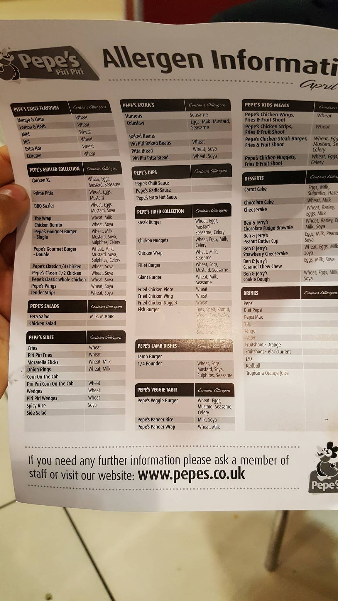 Menu at Pepe's fast food, London, 325-327 Kilburn High Rd