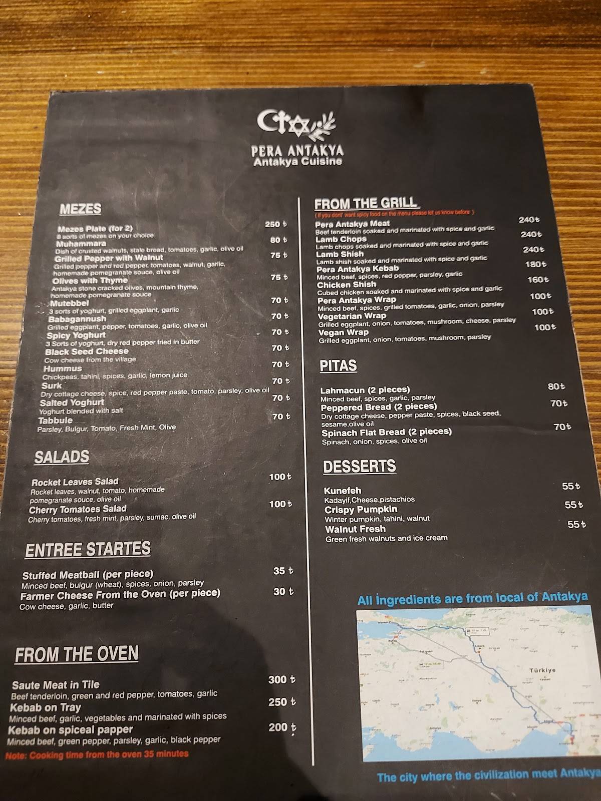 Menu at Pera Antakya, Istanbul
