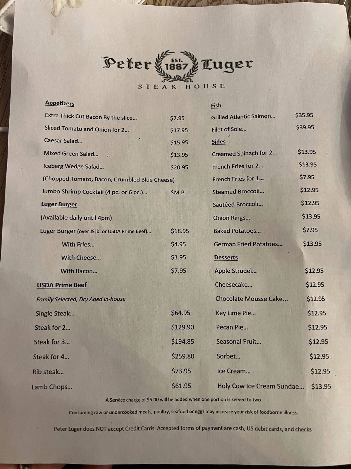 Menu at Peter Luger Steak House steakhouse, New York City, 178 Broadway