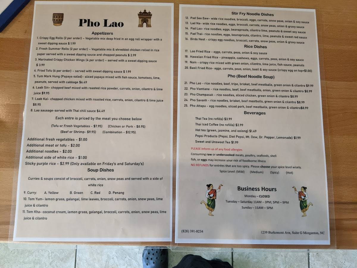 Menu at Pho Lao restaurant, Morganton