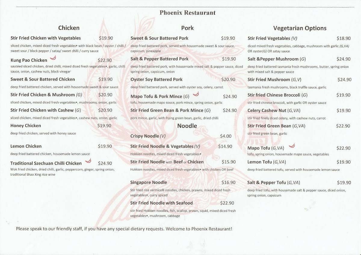 Menu at Phoenix Restaurant, Snug