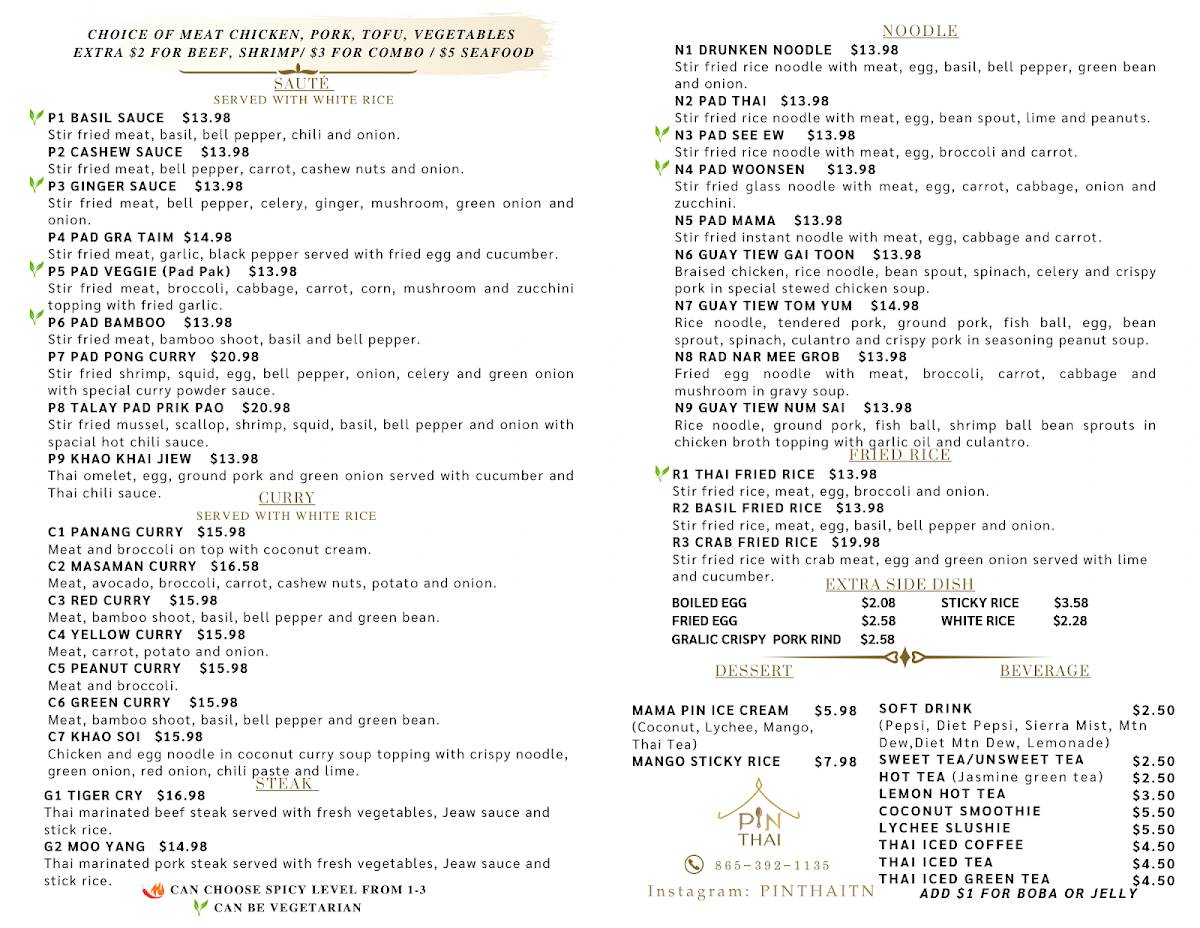 Menu at Pin Thai restaurant, Farragut