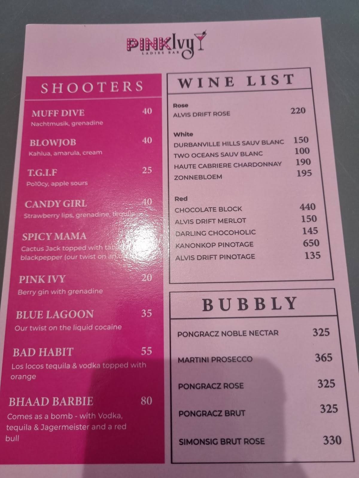 Menu at Pink Ivy Ladies bar, Boksburg