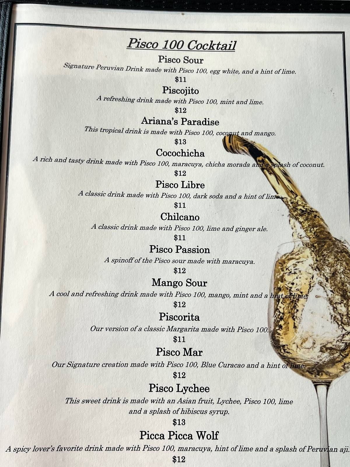 Menu at Pisco Mar restaurant, Raleigh