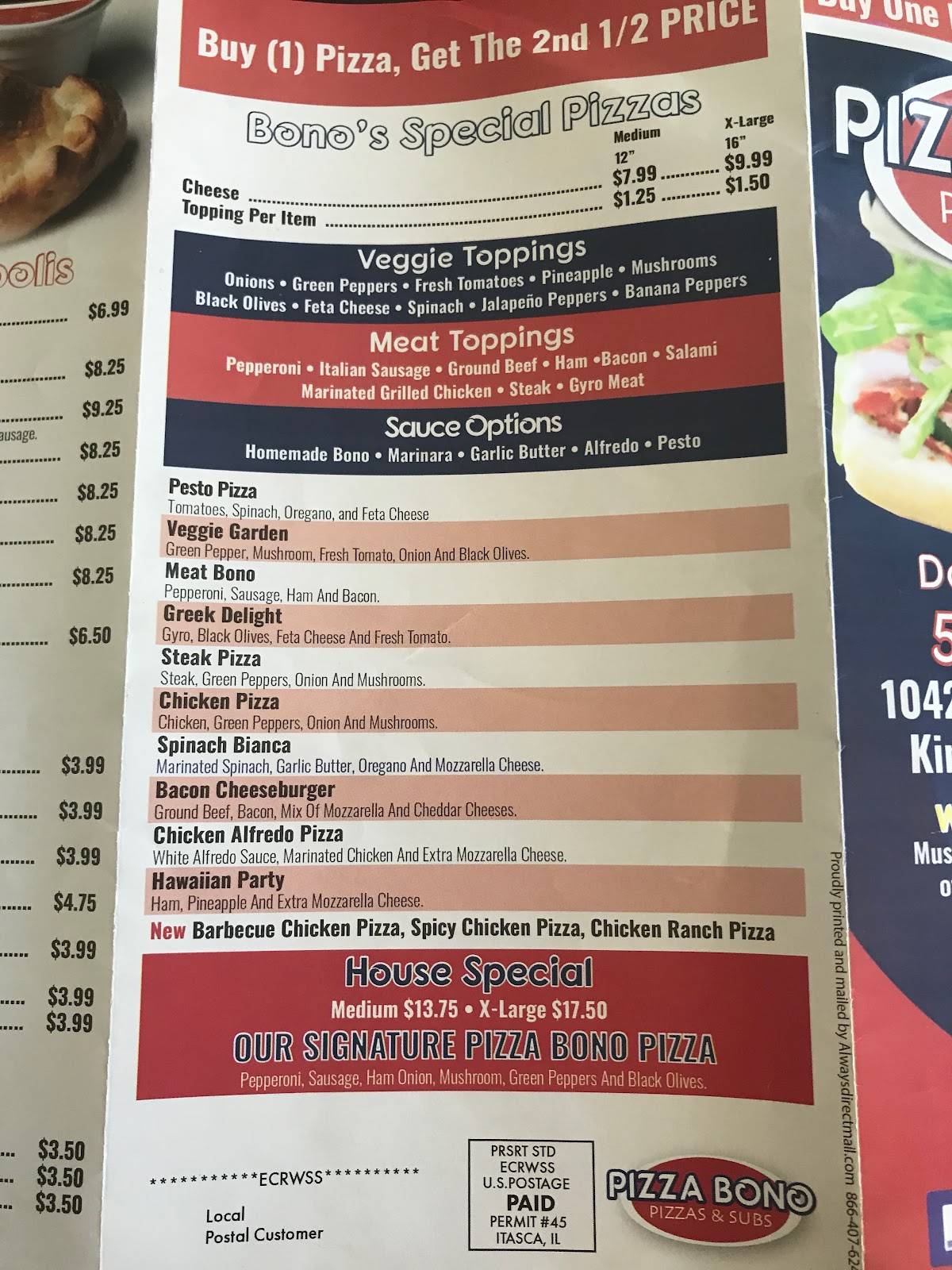 Menu at Pizza Bono pizzeria, King George