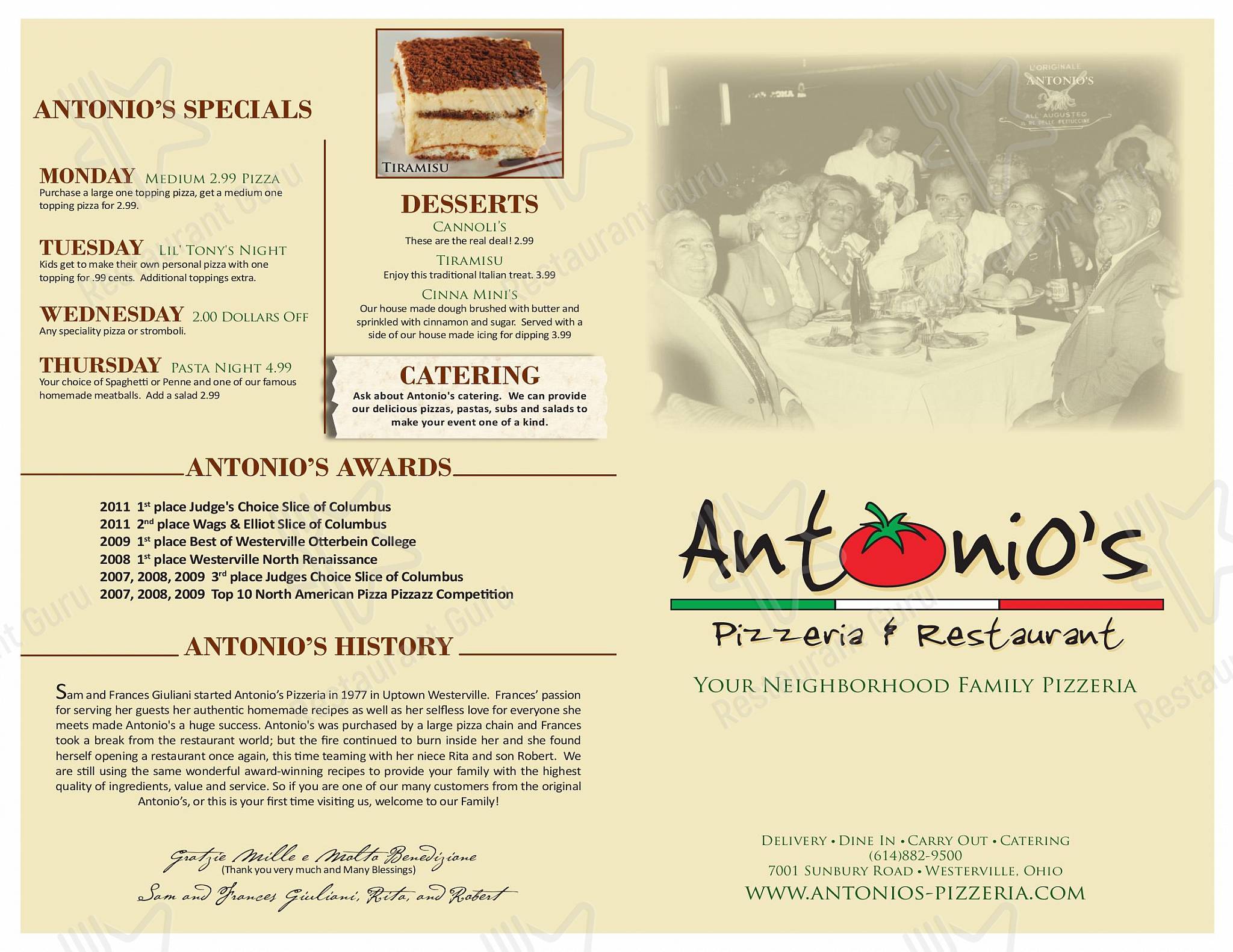 Menu at Antonio's pizzeria, Westerville