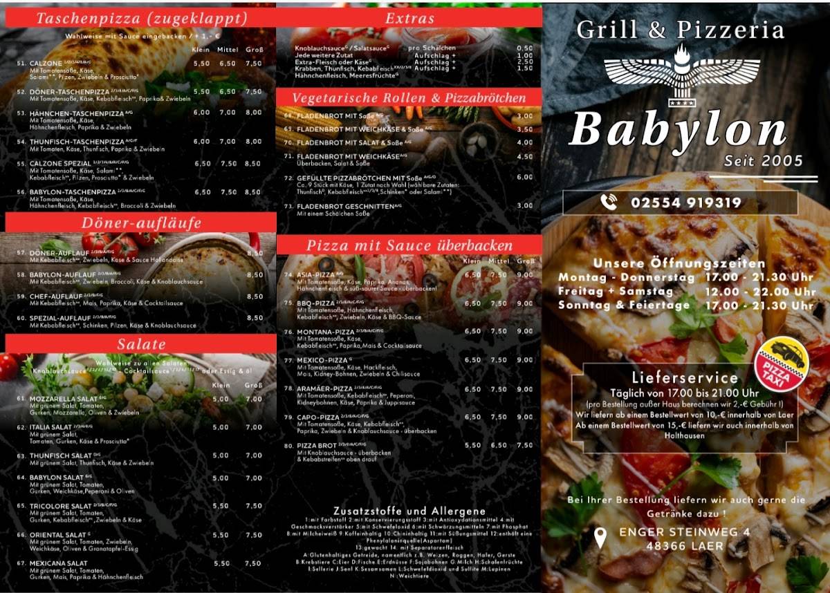 Speisekarte von Babylon pizza, Laer