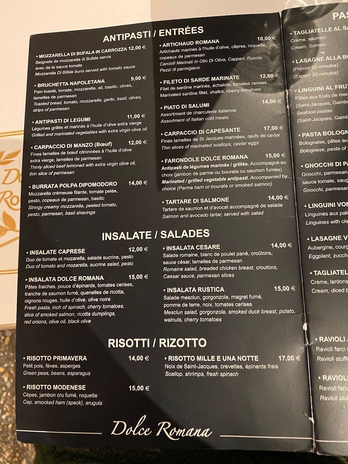Menu au Dolce Romana pizzeria, Paris