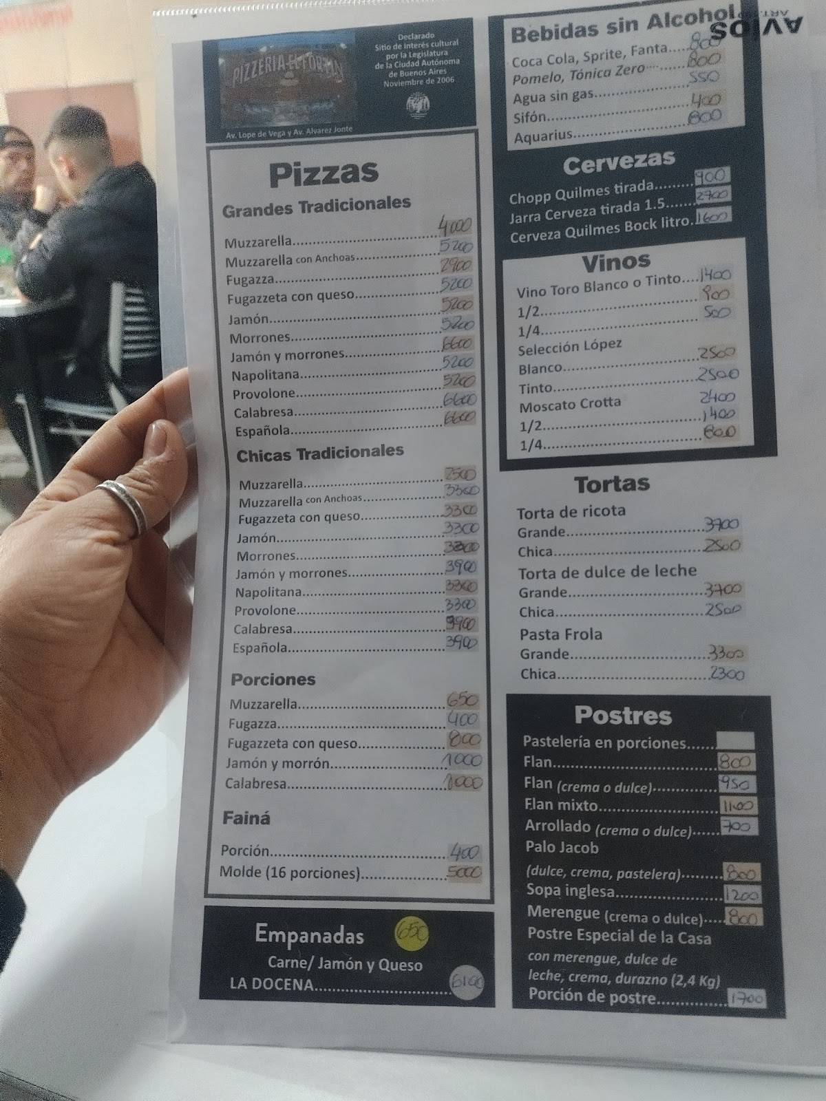 Carta de Pizzería El Fortín, Buenos Aires, Av. Álvarez Jonte 5299