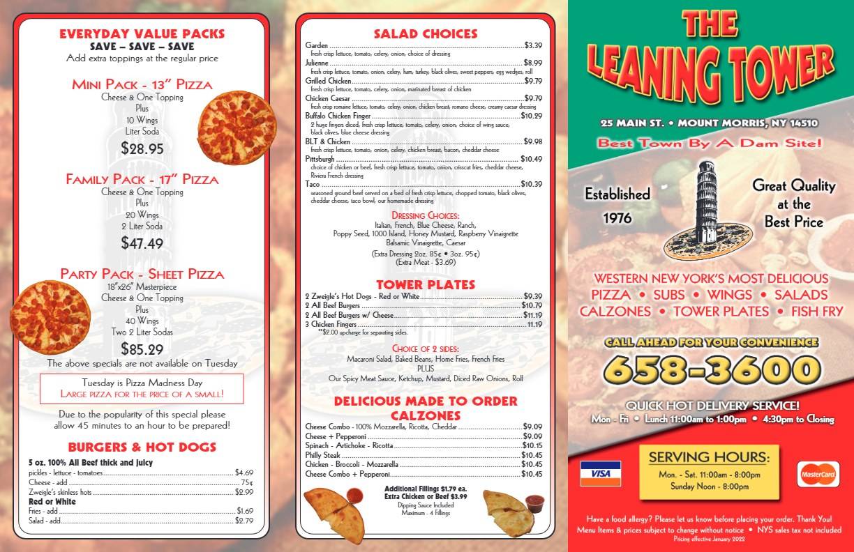 Menu at Leaning Tower pizzeria, Mount Morris