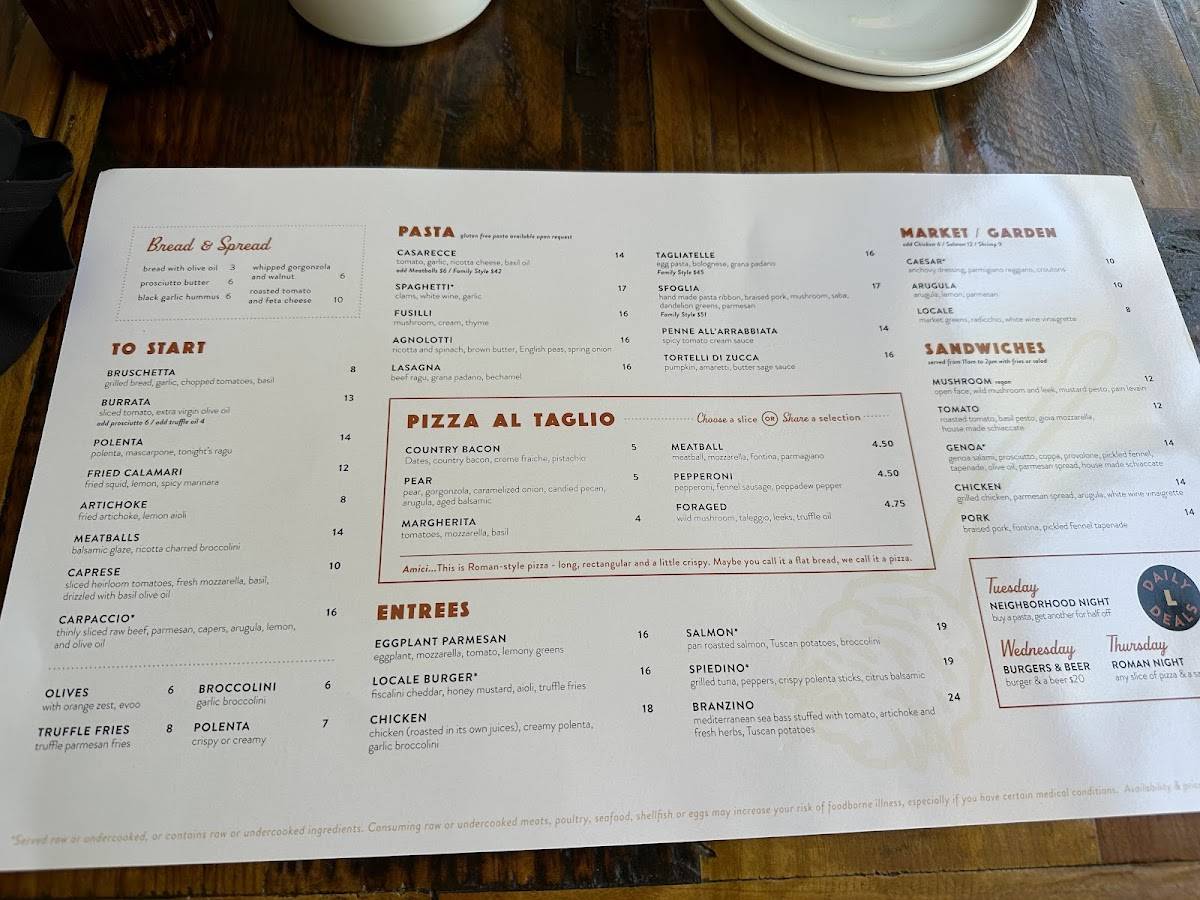 Menu at Locale Neighborhood Italian Restaurant, Tucson
