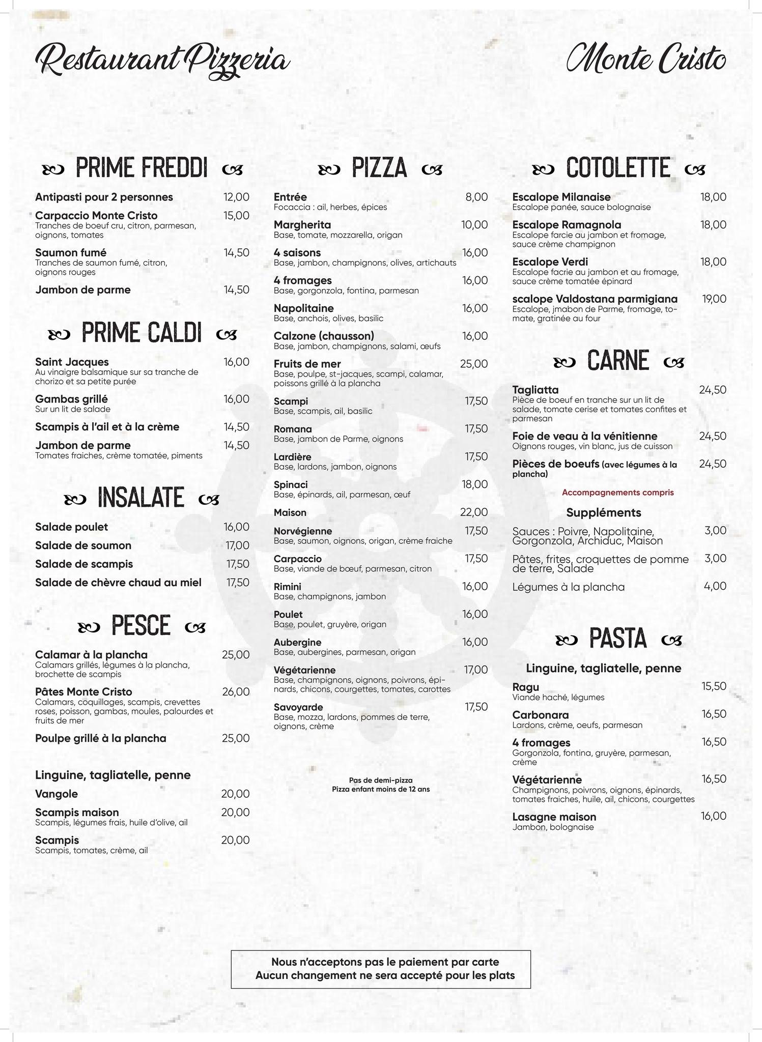 Menu au Restaurant-pizzeria Monte Cristo, Tournai