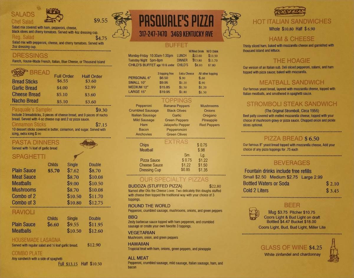 Menu at Pasquales pizzeria, Indianapolis, Kentucky Ave