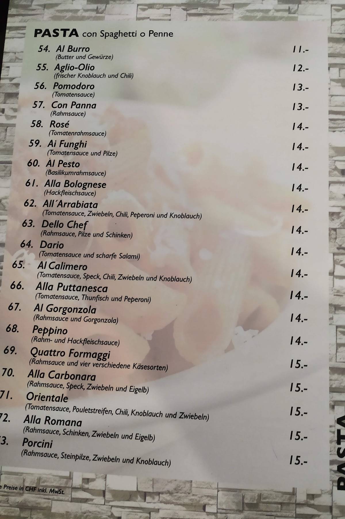 Speisekarte von Pizzeria Tavola Calda, Bern
