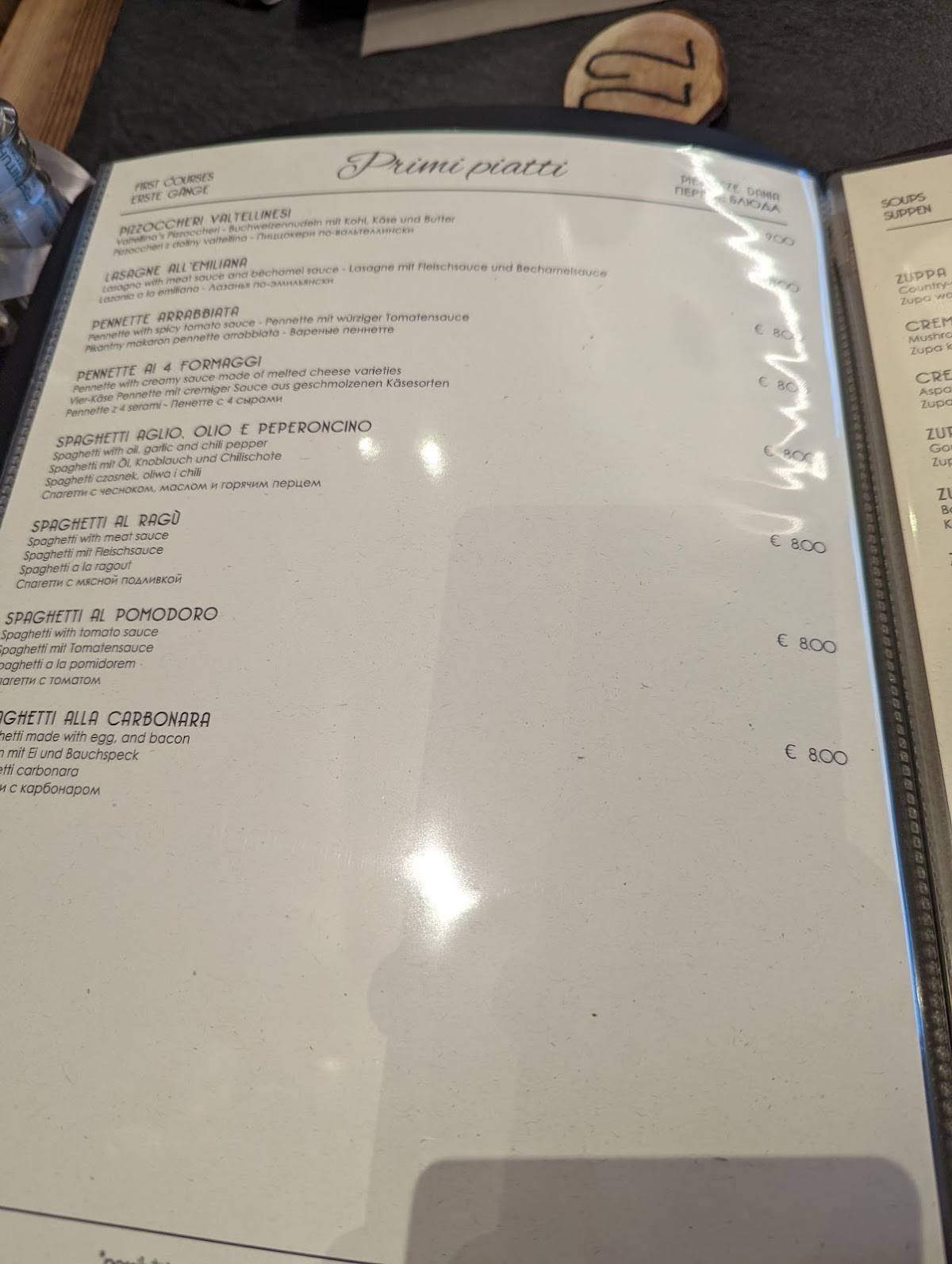 Menu da Ristorante Pizzeria La Mirage, Livigno