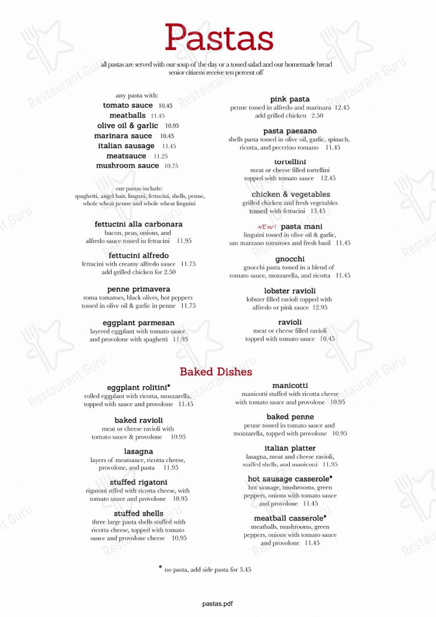 Menu at Villa Grande Restaurant & Pizzeria, Butler